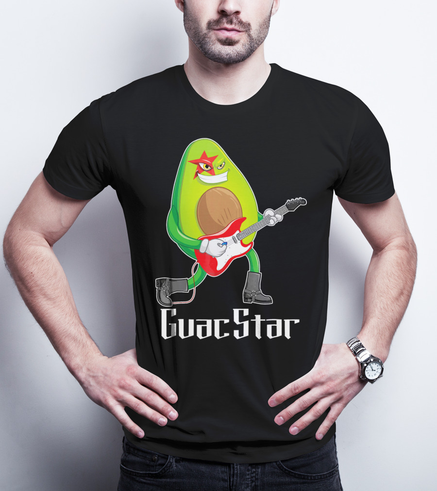 Guac Star Avocado Rock Star Playing Guitar With Red Boots T-Shirt