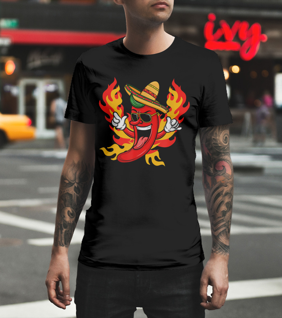 Cool Peppers Hot And Spicy Chili Flame Sombrero Party T-Shirt