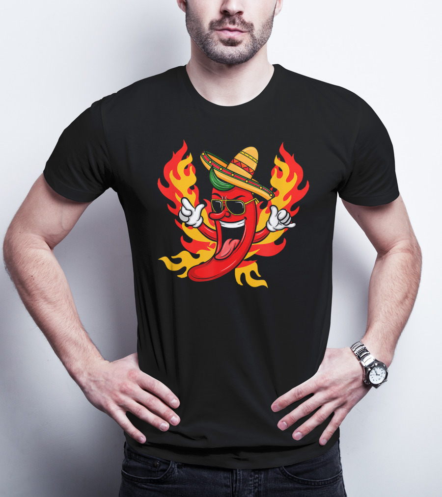 Cool Peppers Hot And Spicy Chili Flame Sombrero Party T-Shirt