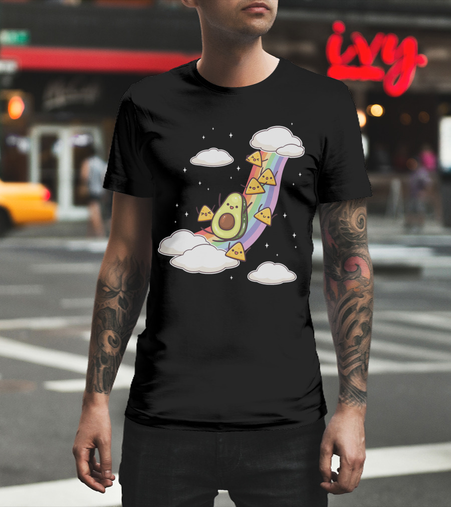 Avocado Nachos Riding A Rainbow With Clouds And Stars Guacamole Fun T-Shirt