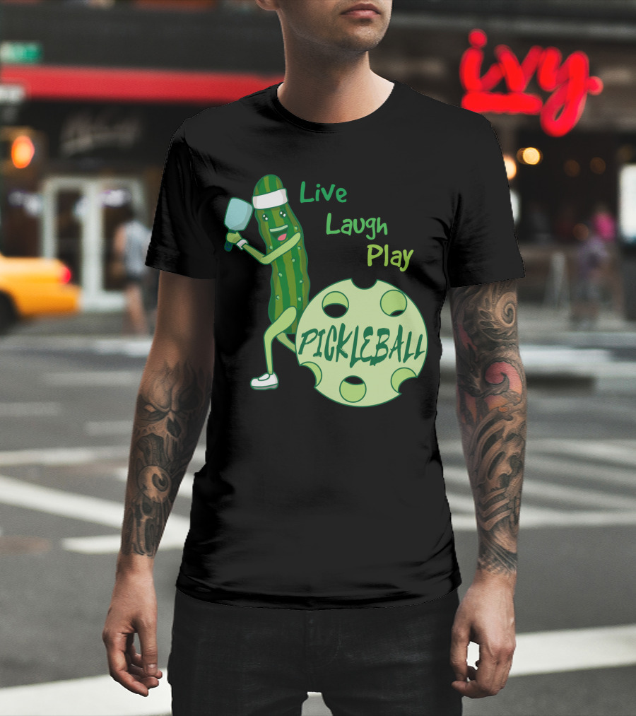 Live Laugh Play Pickleball Funny Sports Pickle Character Paddle T-Shirt