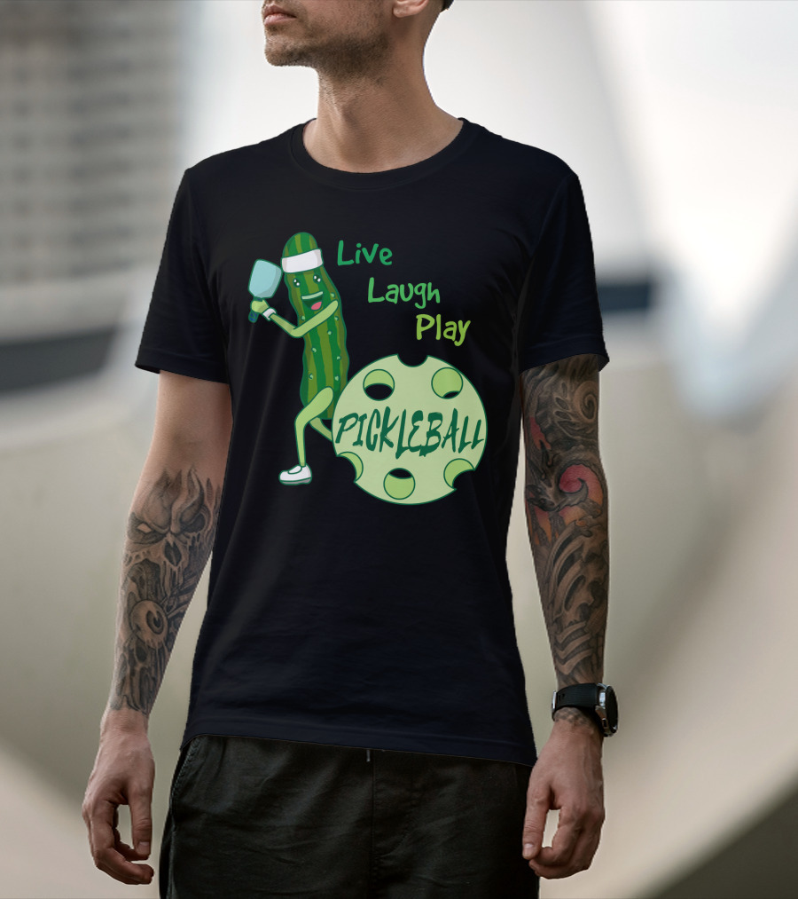 Live Laugh Play Pickleball Funny Sports Pickle Character Paddle T-Shirt