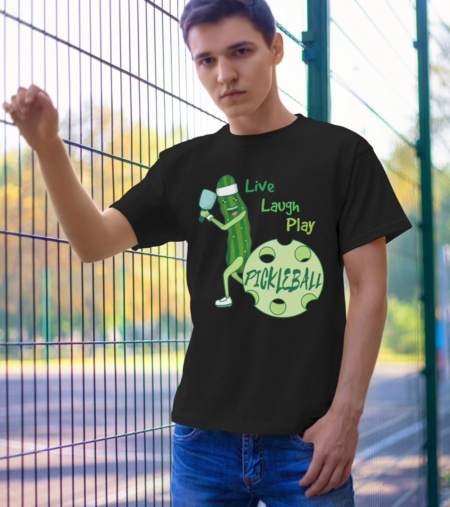 Live Laugh Play Pickleball Funny Sports Pickle Character Paddle T-Shirt