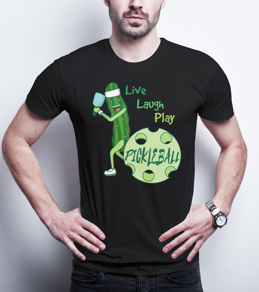 Live Laugh Play Pickleball Funny Sports Pickle Character Paddle T-Shirt