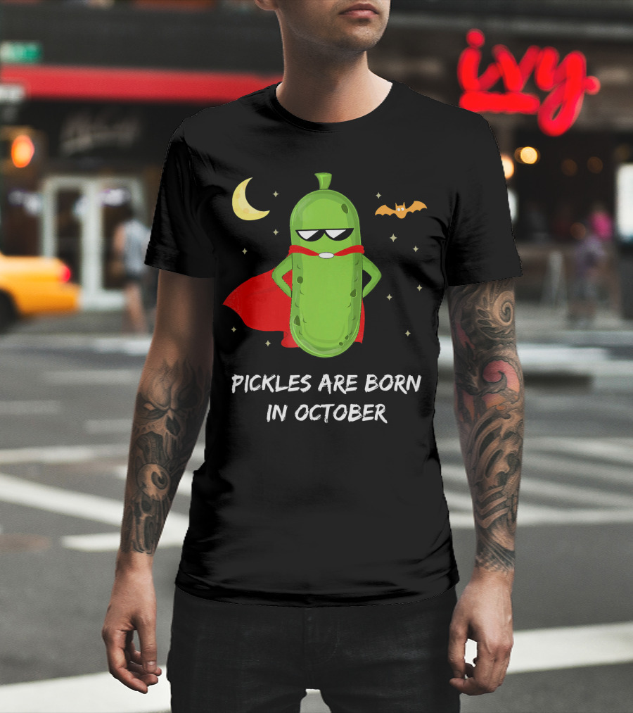 Superhero Pickles With Cape And Halloween Moon Born In October T-Shirt