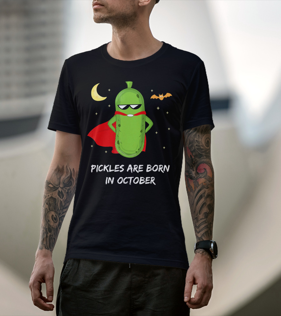 Superhero Pickles With Cape And Halloween Moon Born In October T-Shirt