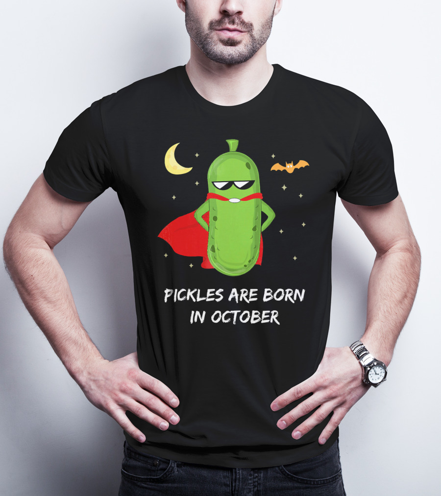 Superhero Pickles With Cape And Halloween Moon Born In October T-Shirt