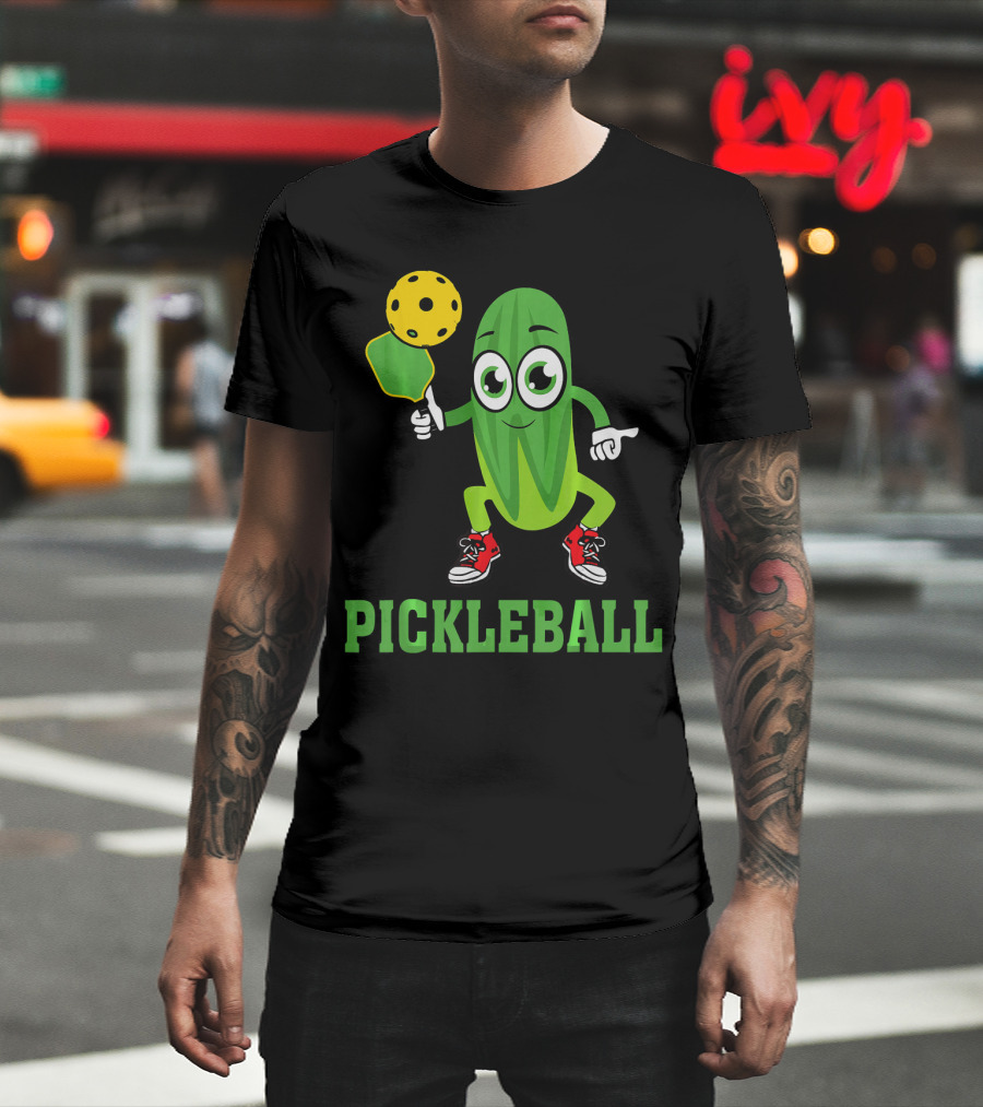 Pickle Character Playing Pickleball With Paddle And Ball T-Shirt