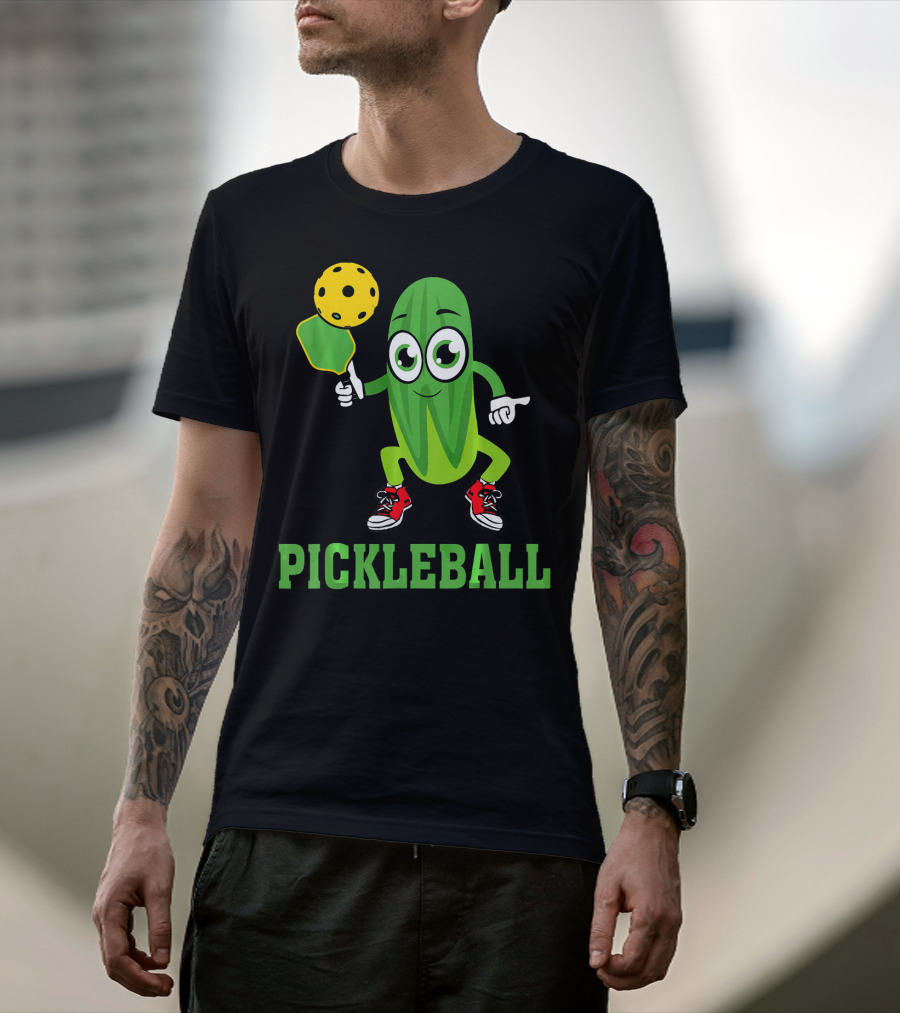 Pickle Character Playing Pickleball With Paddle And Ball T-Shirt