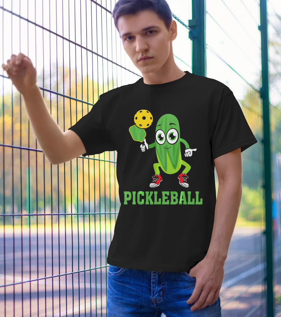 Pickle Character Playing Pickleball With Paddle And Ball T-Shirt