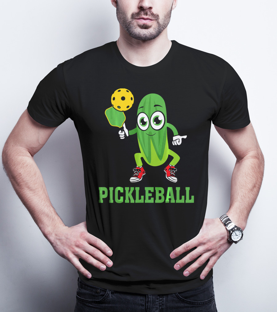 Pickle Character Playing Pickleball With Paddle And Ball T-Shirt