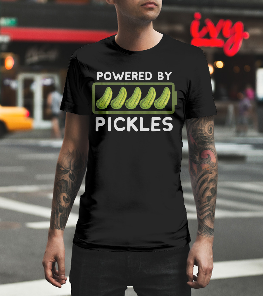 Powered By Pickles Pickle Battery T-Shirt