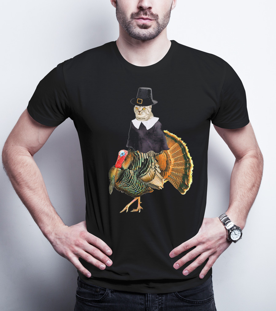 Cat In Pilgrim Outfit On Thanksgiving Turkey T-Shirt