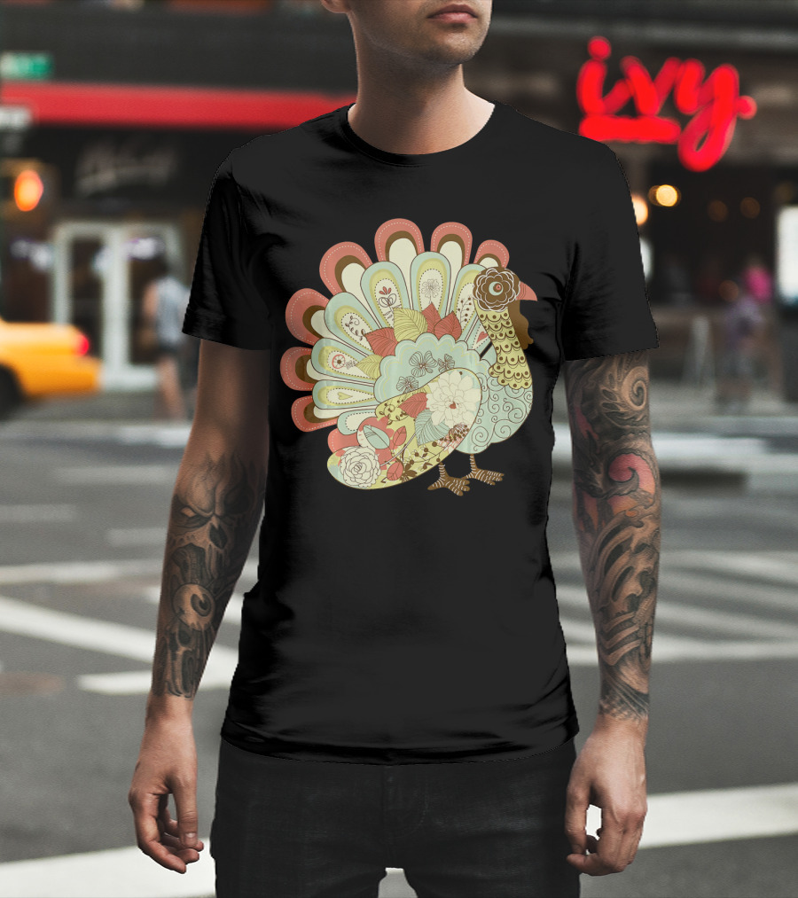 Retro Thanksgiving Turkey Vintage Floral T-Shirt