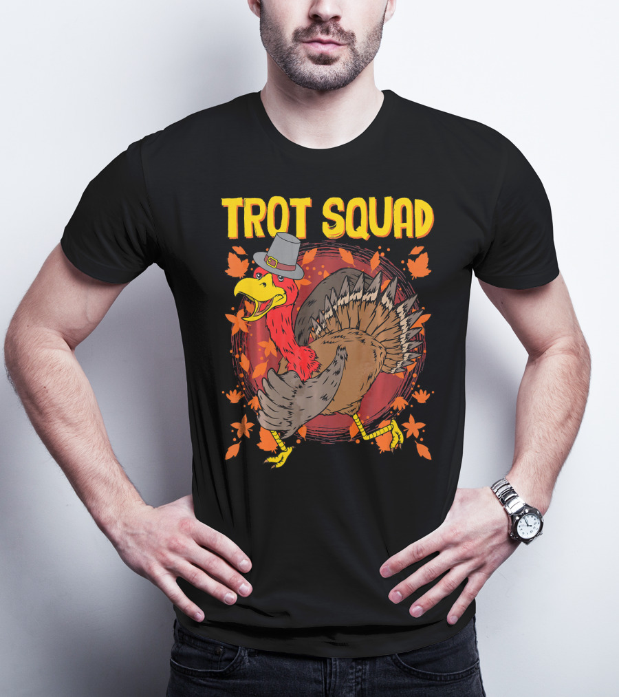 Trot Squad Thanksgiving Turkey With Pilgrim Hat And Autumn Leaves T-Shirt