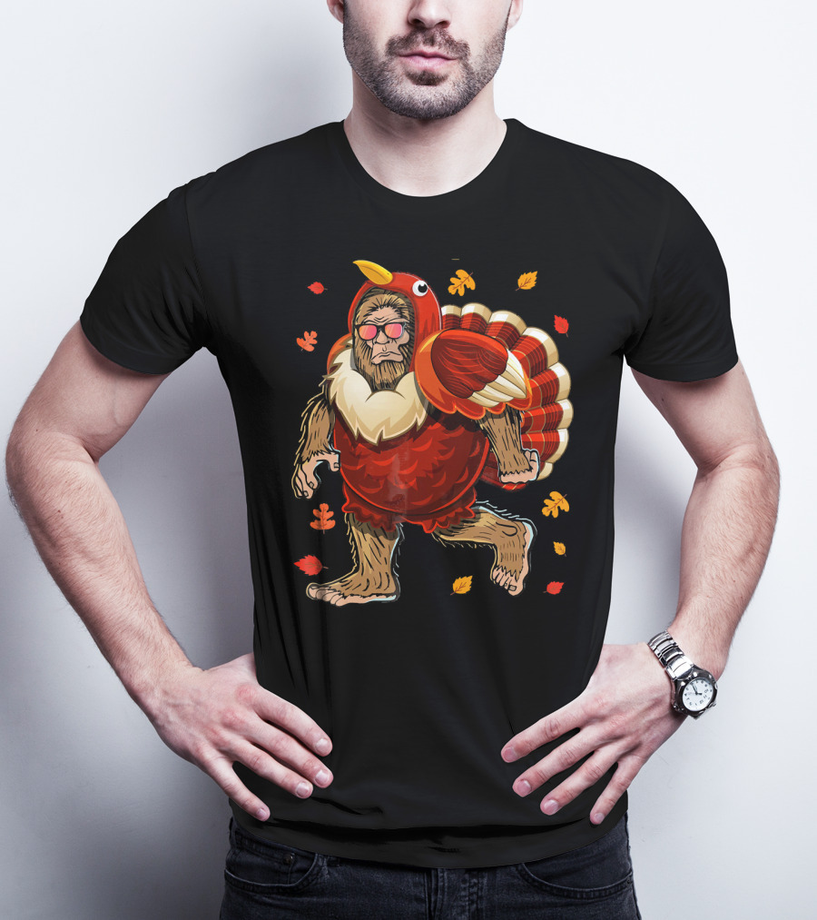 Thanksgiving Bigfoot Turkey Costume Fall Leaves T-Shirt