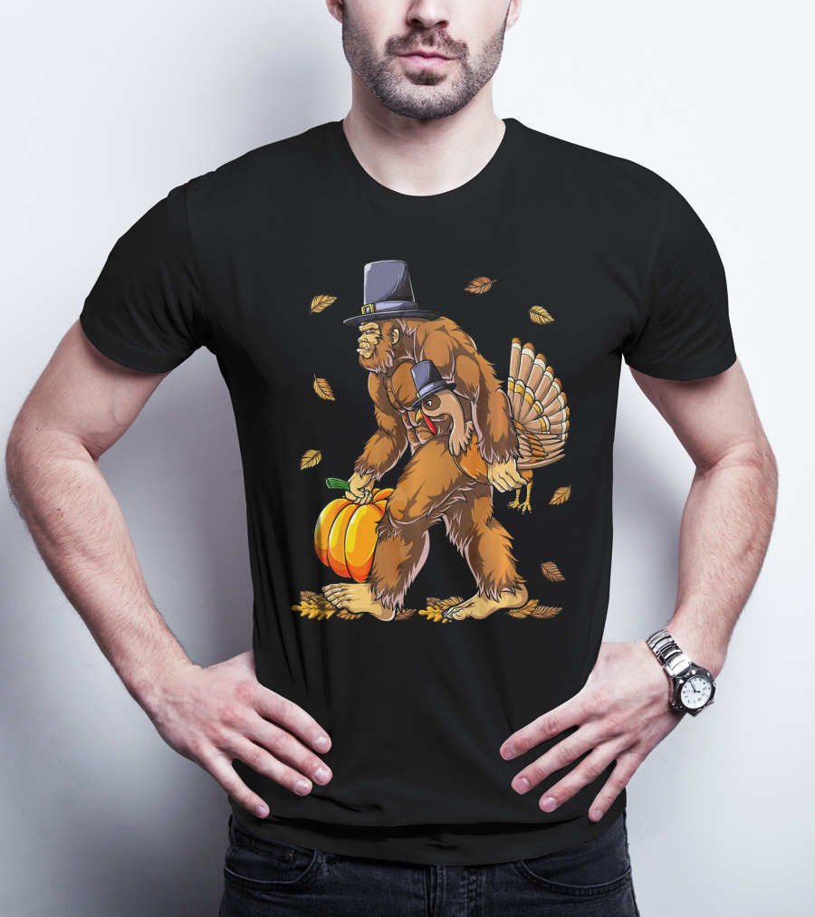 Bigfoot Pilgrim Turkey Carrying Pumpkin Thanksgiving T-Shirt