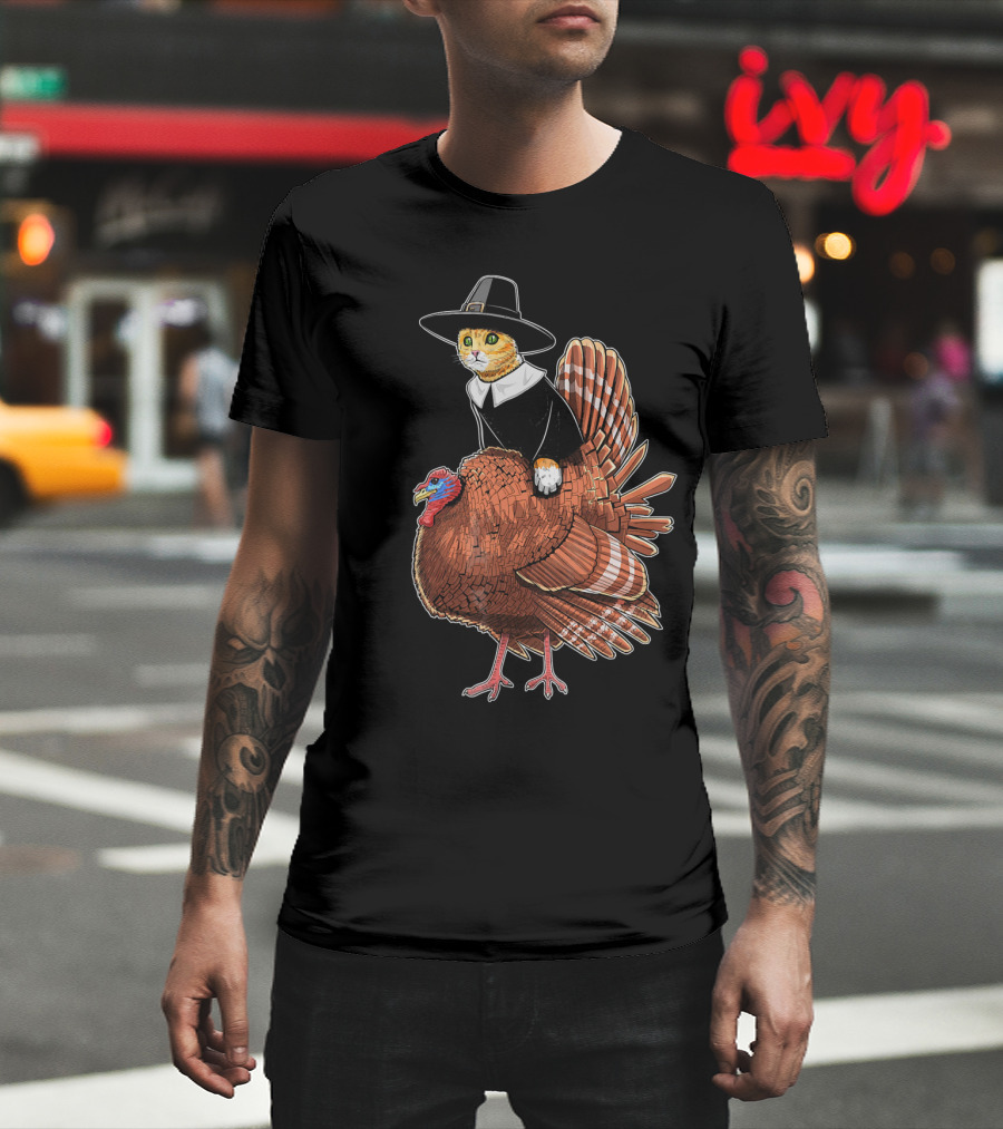Thanksgiving Cat Dressed As Pilgrim Riding Turkey T-Shirt