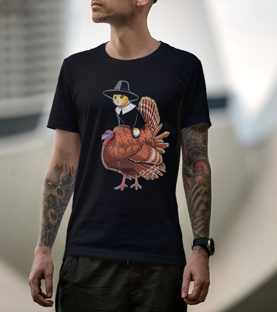 Thanksgiving Cat Dressed As Pilgrim Riding Turkey T-Shirt