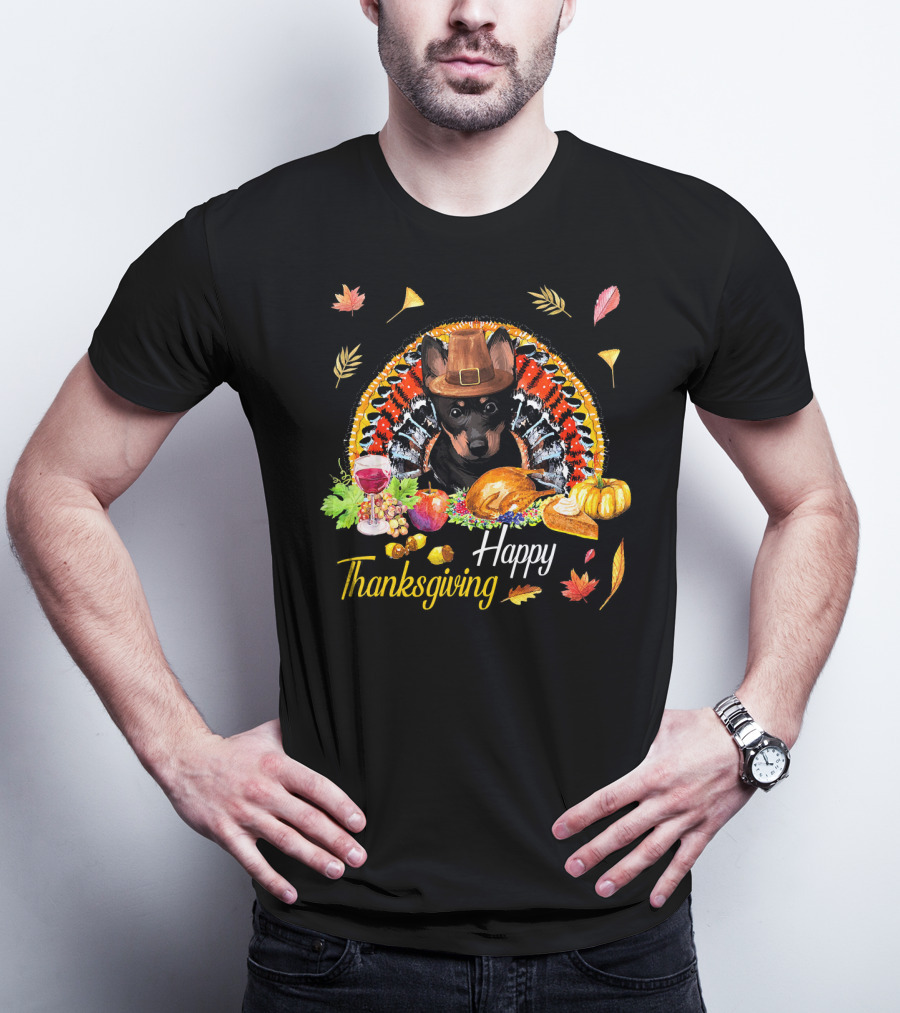 Happy Thanksgiving Heeler Dog With Feast And Autumn Leaves T-Shirt