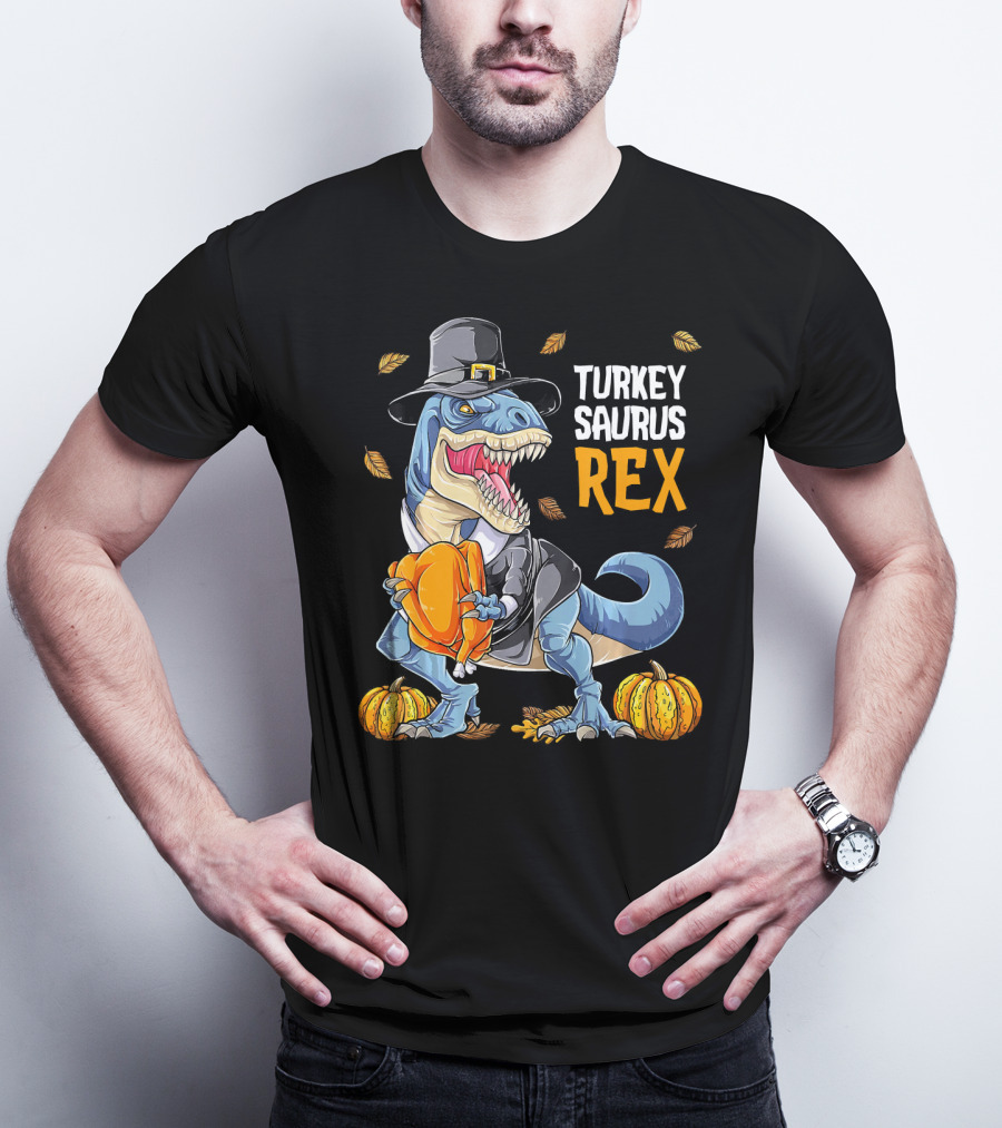 Turkey Saurus Rex Dinosaur Thanksgiving Boys Pilgrim Hat Pumpkin T-Shirt