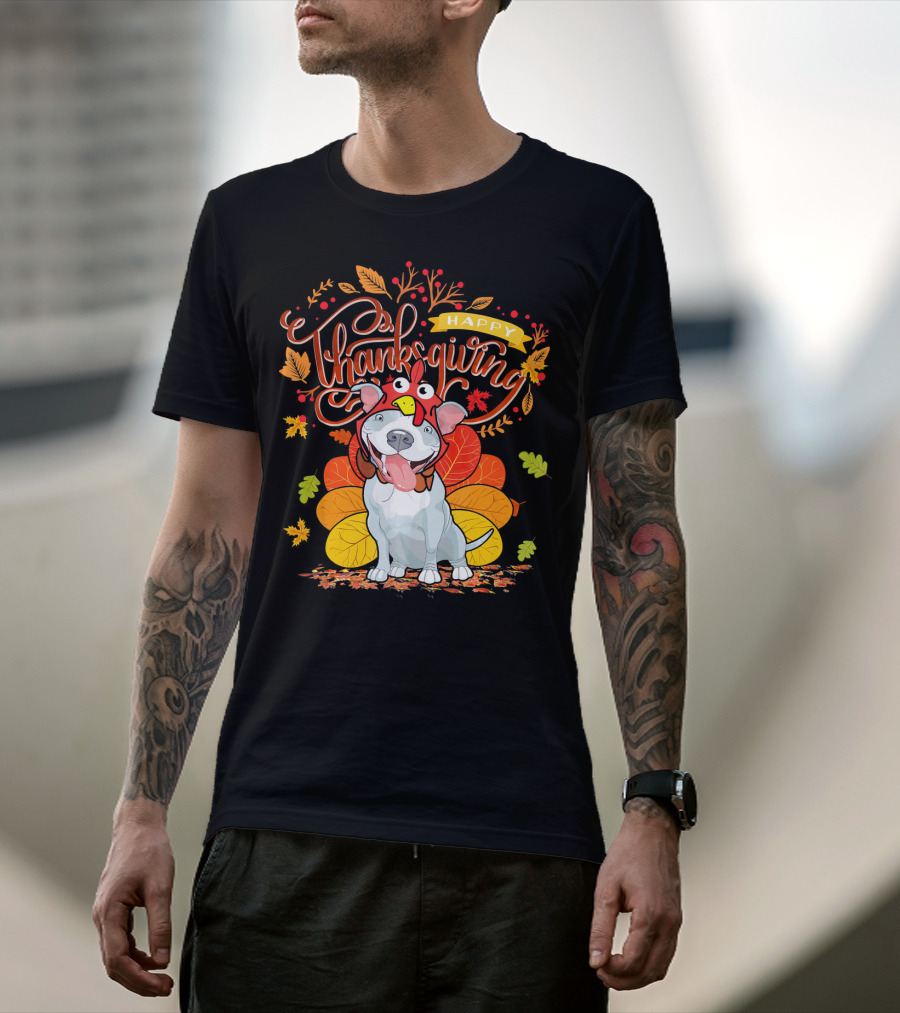 Happy Thanksgiving Pit Bull Wearing Turkey Hat Autumn Leaves T-Shirt