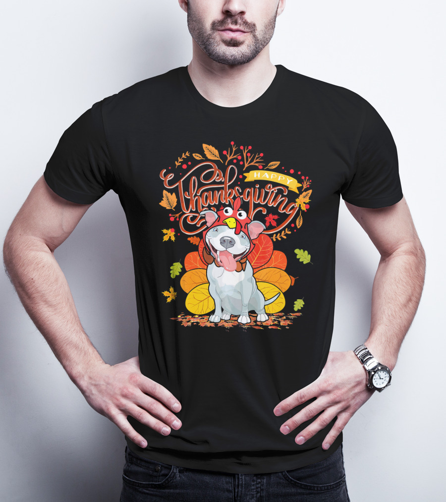 Happy Thanksgiving Pit Bull Wearing Turkey Hat Autumn Leaves T-Shirt