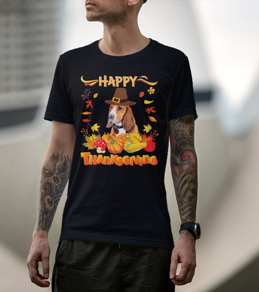 Happy Thanksgiving Basset Hound Dog With Pilgrim Hat And Autumn Harvest Elements T-Shirt