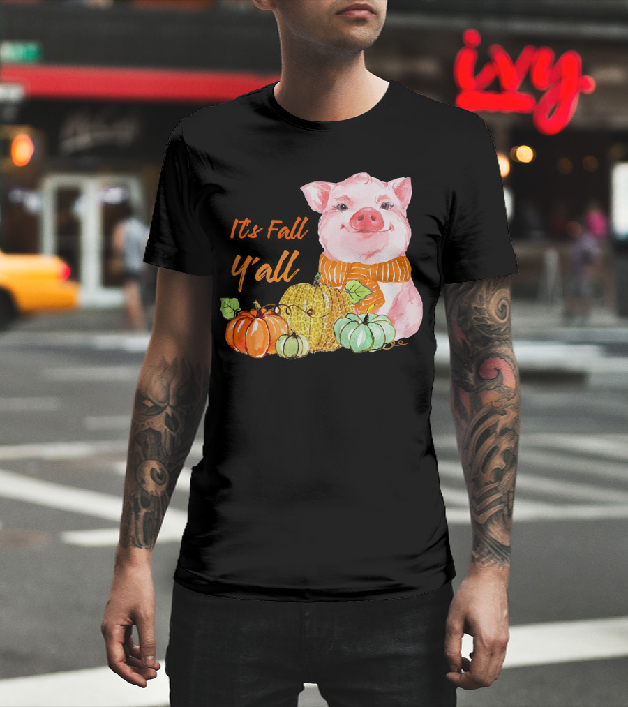 Its Fall Y'all Cute Pig With Leopard Pumpkin Scarf T-Shirt