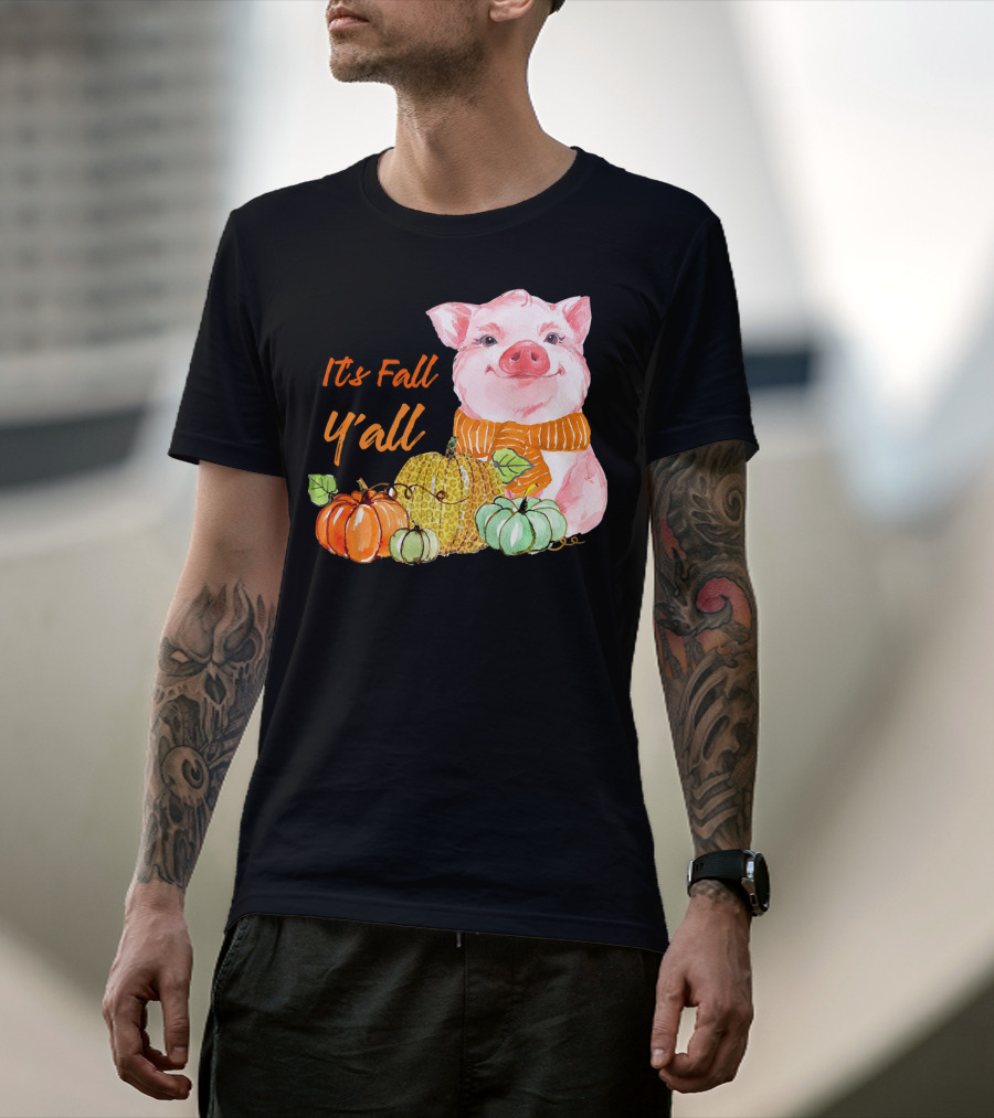 Its Fall Y'all Cute Pig With Leopard Pumpkin Scarf T-Shirt