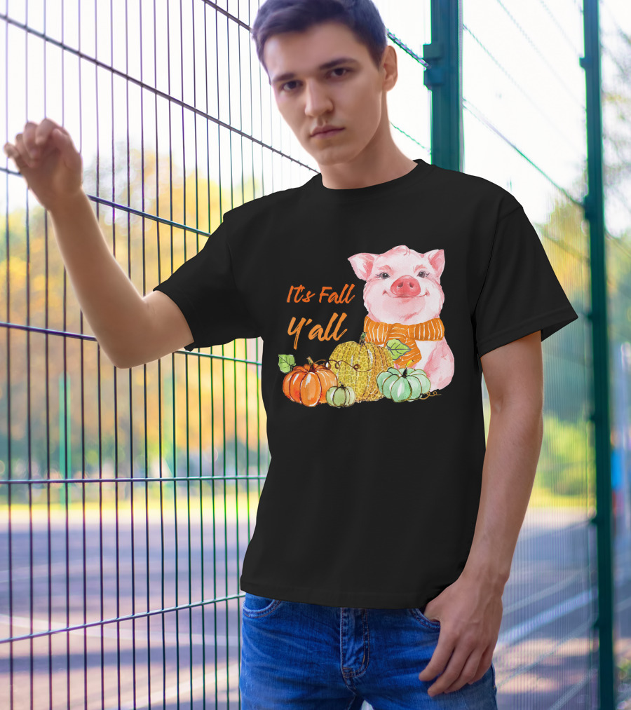 Its Fall Y'all Cute Pig With Leopard Pumpkin Scarf T-Shirt