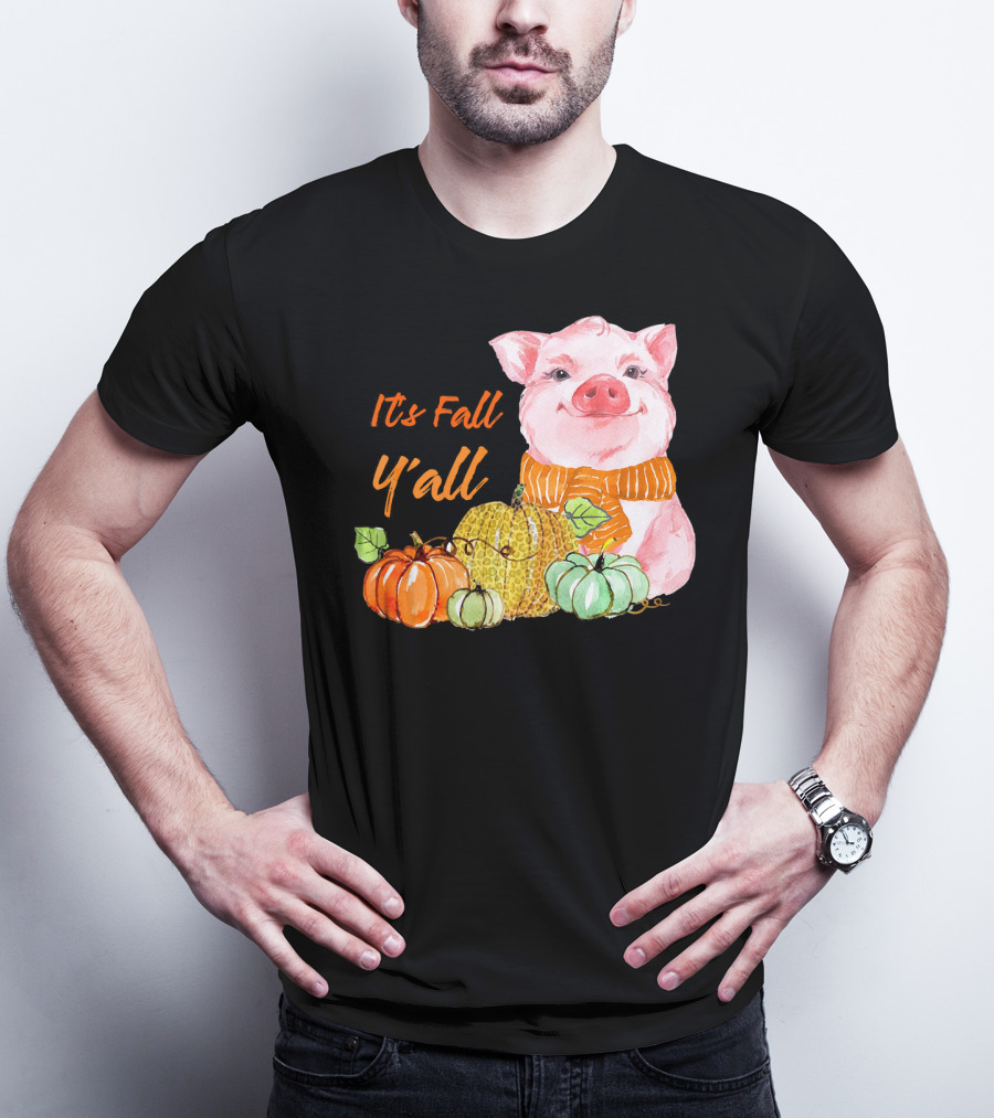 Its Fall Y'all Cute Pig With Leopard Pumpkin Scarf T-Shirt