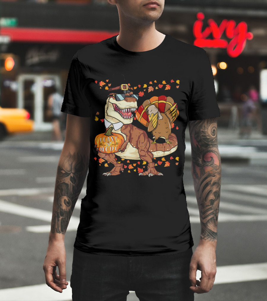 Thanksgiving Feast Mode Dinosaur With Turkey And Autumn Leaves T-Shirt