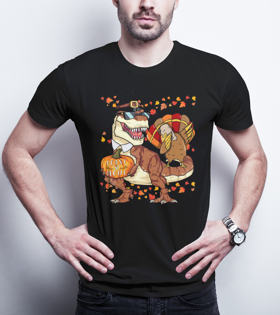 Thanksgiving Feast Mode Dinosaur With Turkey And Autumn Leaves T-Shirt