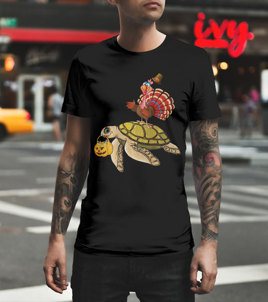 Turkey Riding Turtle Pumpkin Funny Sea Thanksgiving Halloween Fusion T-Shirt