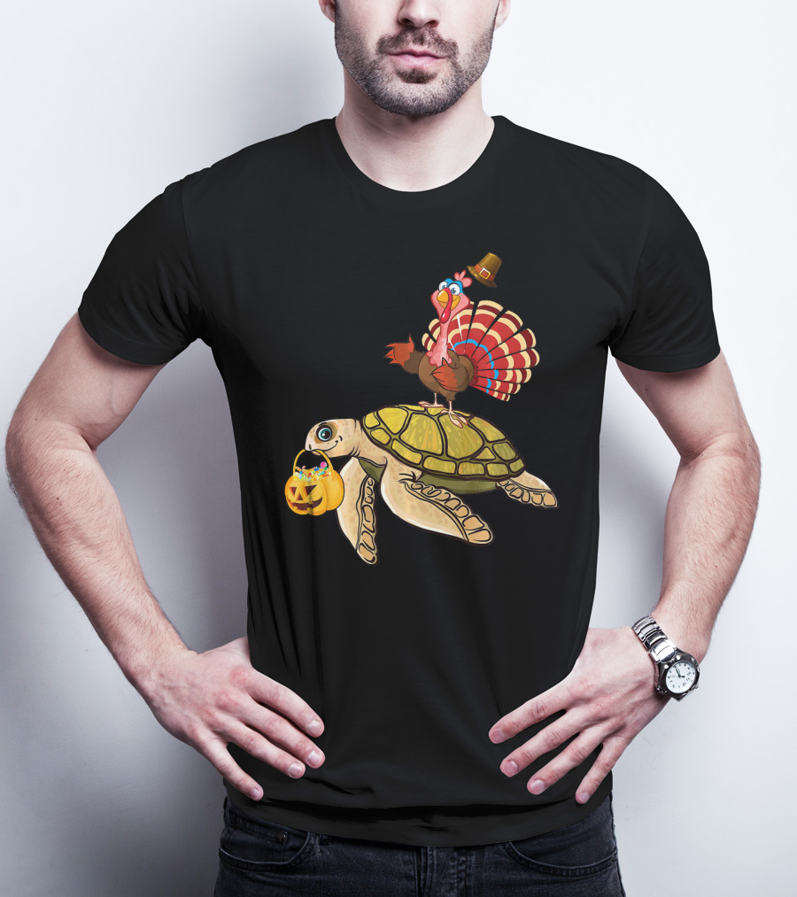 Turkey Riding Turtle Pumpkin Funny Sea Thanksgiving Halloween Fusion T-Shirt