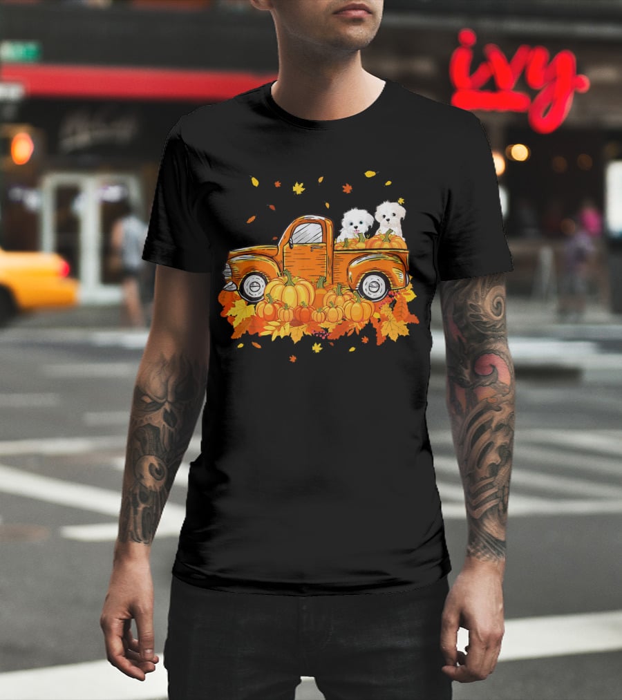 Maltese Dogs Riding Pumpkin Truck For Halloween T-Shirt