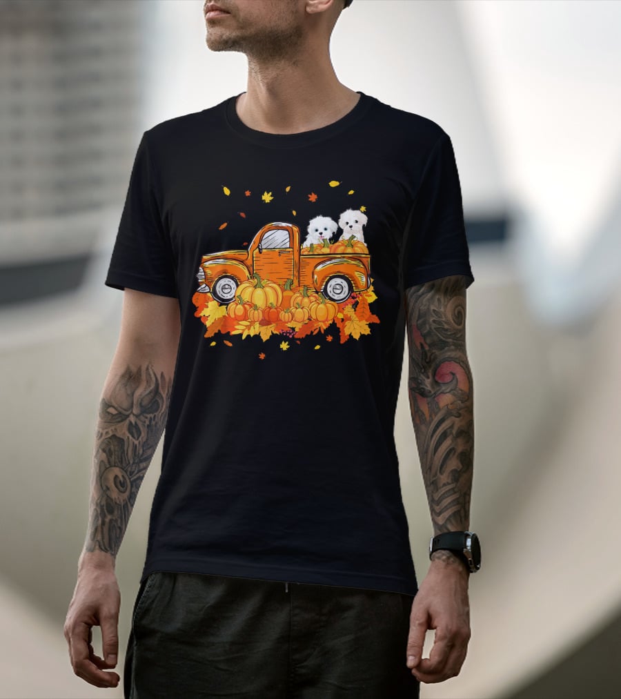Maltese Dogs Riding Pumpkin Truck For Halloween T-Shirt