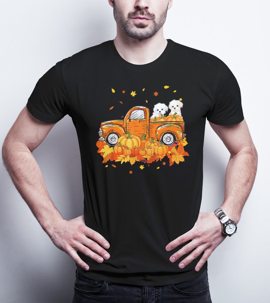 Maltese Dogs Riding Pumpkin Truck For Halloween T-Shirt