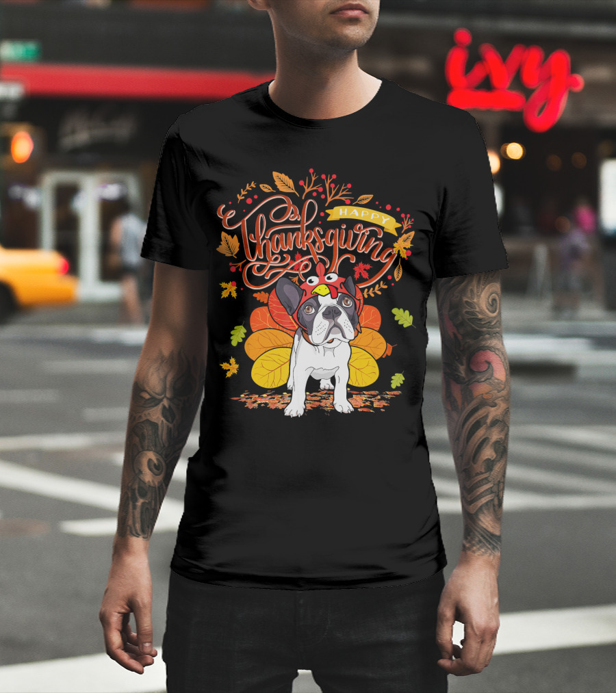 Happy Thanksgiving French Bulldog With Turkey Hat And Fall Leaves T-Shirt