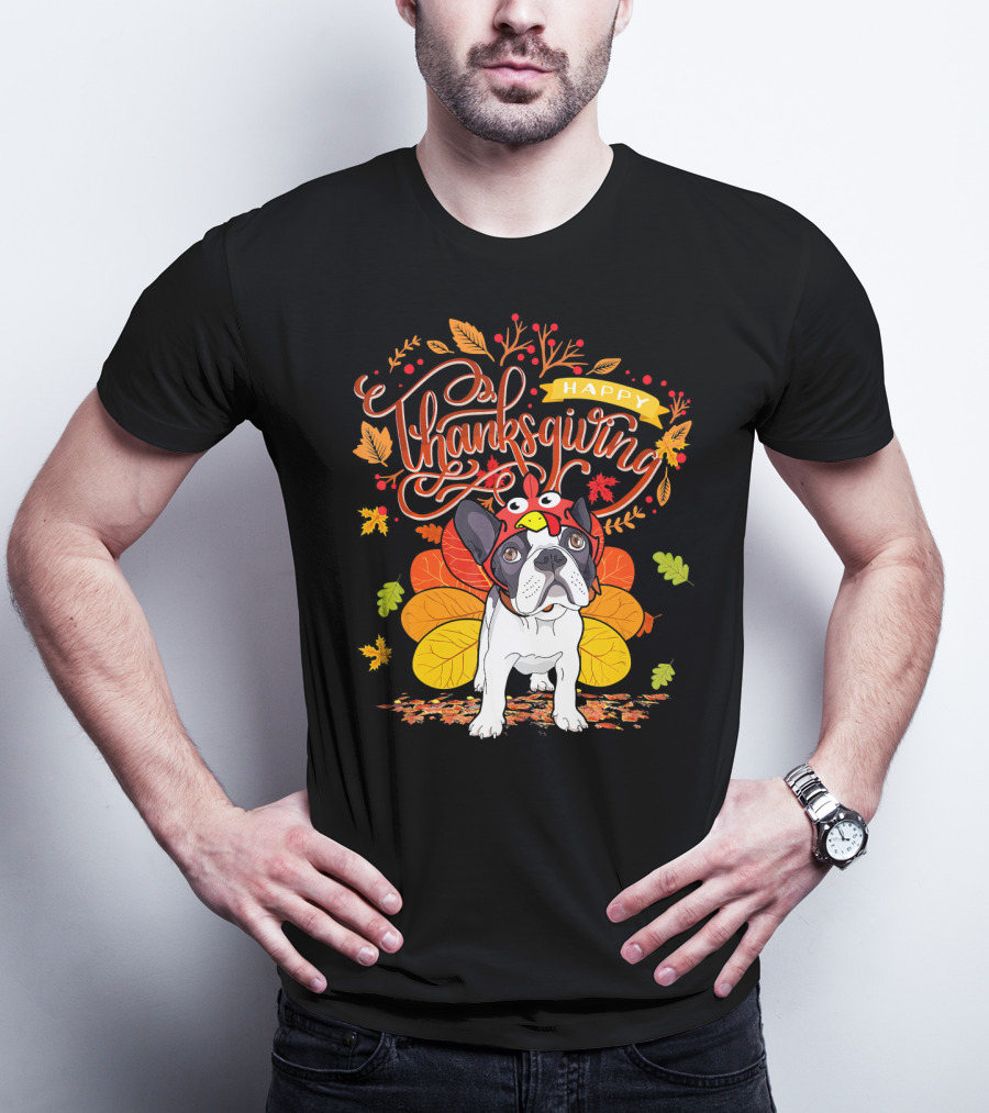 Happy Thanksgiving French Bulldog With Turkey Hat And Fall Leaves T-Shirt