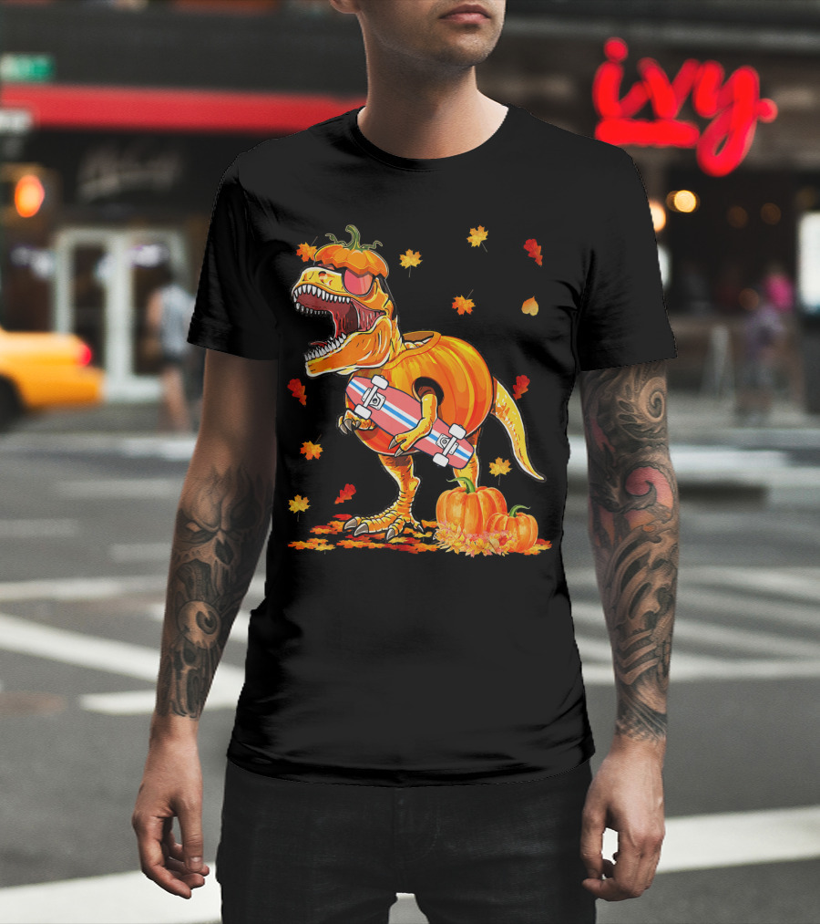 Dinosaur Pumpkin Skateboard Autumn Leaves Hall T-Shirt