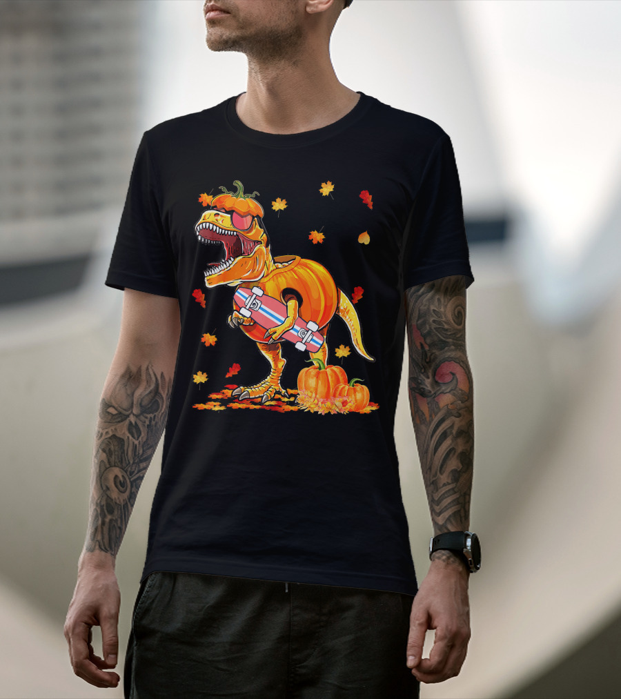 Dinosaur Pumpkin Skateboard Autumn Leaves Hall T-Shirt