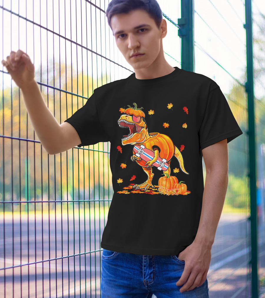 Dinosaur Pumpkin Skateboard Autumn Leaves Hall T-Shirt