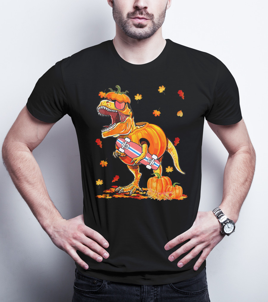 Dinosaur Pumpkin Skateboard Autumn Leaves Hall T-Shirt