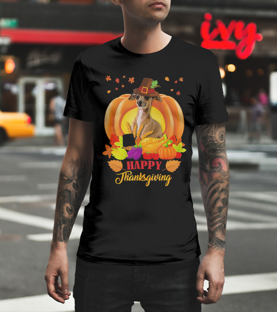 Italian Greyhound Happy Thanksgiving Pilgrim Hat Pumpkin Leaves T-Shirt