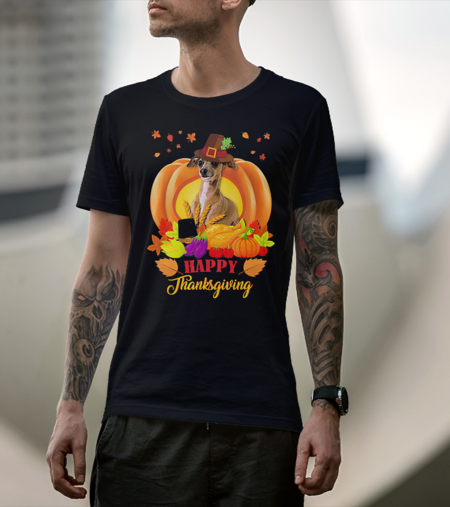Italian Greyhound Happy Thanksgiving Pilgrim Hat Pumpkin Leaves T-Shirt