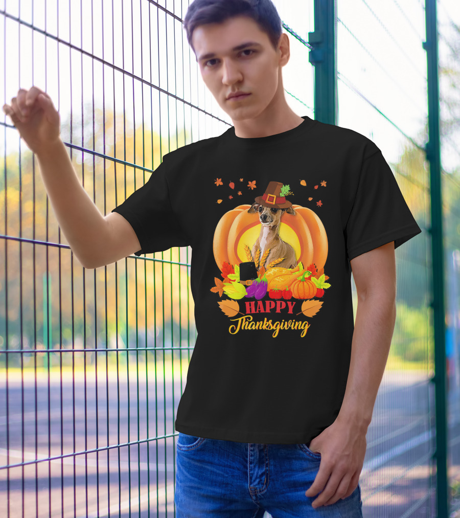 Italian Greyhound Happy Thanksgiving Pilgrim Hat Pumpkin Leaves T-Shirt