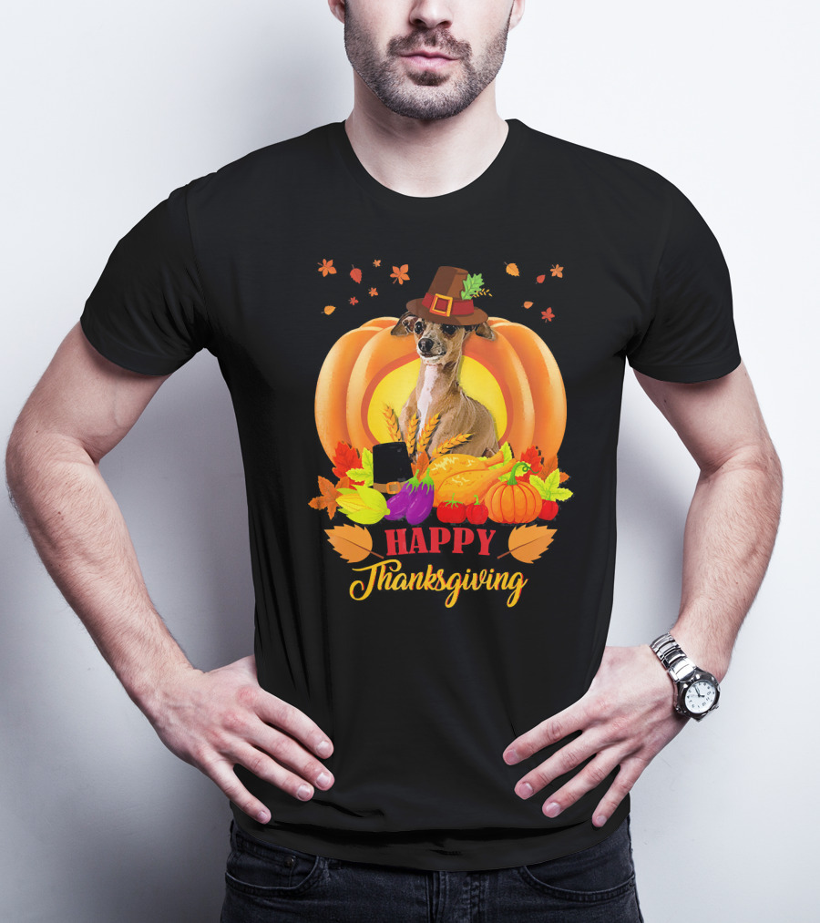 Italian Greyhound Happy Thanksgiving Pilgrim Hat Pumpkin Leaves T-Shirt