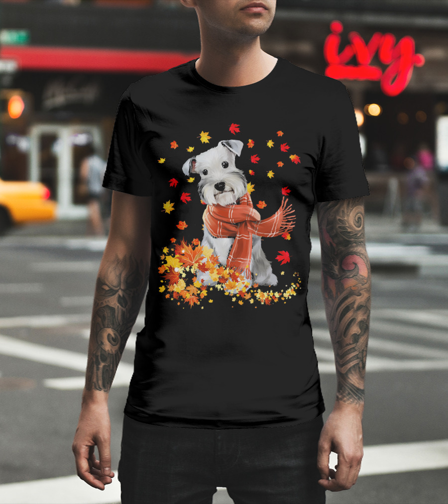Cute Schnauzer Dog Autumn Leaves And Cozy Scarf T-Shirt